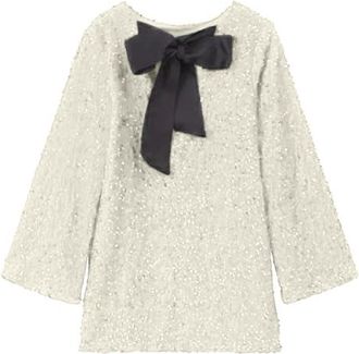 Generic Robe de f&ecirc;te courte &agrave; paillettes pour femme - Robe avec noeud - Pull &agrave; manches longues - Robe &agrave; paillettes - Robe de cocktail &eacute;l&eacute;gante - Robe de soir&eacute;