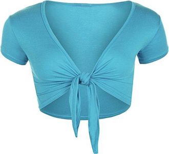WearAll Cardigan Court Ouvert à Manches Courtes avec Un Noeud - Cardigans - Femmes - Turquoise - 36-38