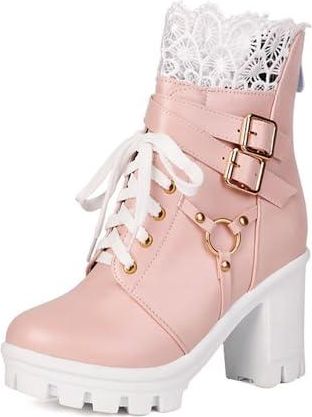 Generic Bottines de combat gothiques &agrave; lacets pour femme avec bout rond et talon bloc, chaussures avec fermeture &eacute;clair &agrave; larri&egrave;re et sangle &agrave; boucle, rose, 4