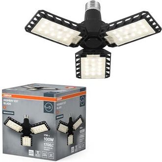 Osram Highbay Blade Deckenlampe in Schwarz, Kunststoff, mit verstellbaren Lichtflügeln, bietet 17 W bzw. 1700 lm in Neutralweiß mit 4000 K, E27 Schraubgewin