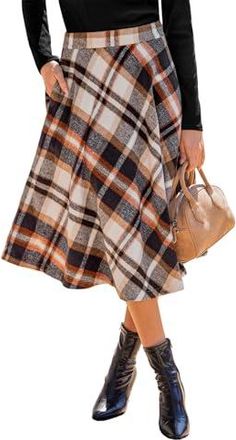 Cupshe Jupe midi à carreaux taille haute évasée pour femme - Jupe tartan vintage, Orange/bleu marine., M