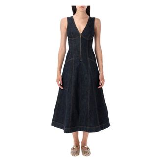 Self Portrait Femme, Robes, Noir, Taille: 36 FR Robe Midi en Denim Bleu avec Col en V