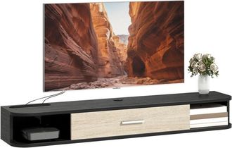 HOMCOM Meuble TV Suspendu - HOMCOM - Jusqu&agrave; 50 Pouces - Porte Rabattable, 2 &Eacute;tag&egrave;res Ouvertes et Passe-c&acirc;bles - Bois - 120x26x16cm - Noir