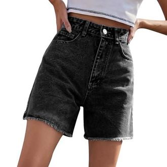 Generic Short en jean pour femme - Pantalon court en jean pour femme - Taille haute - Jean baggy - Jambe droite - Pantalon court d&eacute;t&eacute; - Noir et bleu - Avec po