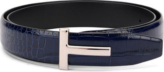 Tom Ford Homme, Accessoires, Bleu, Taille: 95 CM Reversible Leather Belt with Crocodile Print
