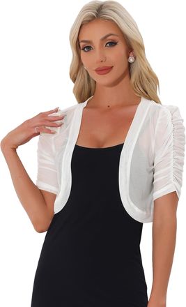 Allegra K Damen Kurz&auml;rm Shrug Mesh Durchsichtige Bolero Netzstoff Offener Strickjacke Wei&szlig; XS