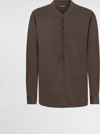 Dolce & Gabbana Mandarin Shirt In Cotton Canvas - Mann Hemden Braun 42