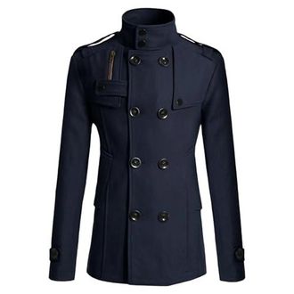 Generic Trench pour homme &agrave; double boutonnage col montant printemps hiver coupe ajust&eacute;e d&eacute;contract&eacute; chaud doux mi-long, bleu marine, 3XL
