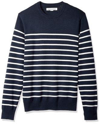 Amazon Essentials Herren Langärmliger Pullover Mit Rundhalsausschnitt, 100% Baumwolle, Erhältlich In Groß Und Schwer, Dunkles Marineblau Weiß Streifen, XXL