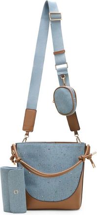 Oltre Femme, Sacs, Bleu, Taille: ONE Size Sac bandouli&egrave;re en denim avec cristaux