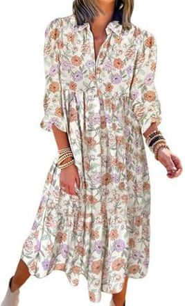 Generic Robes boh&egrave;me 2026 pour femmes, robe surdimensionn&eacute;e &agrave; smocks &agrave; manches longues, robe printemps-&eacute;t&eacute;, d&eacute;contract&eacute;e, imprim&eacute; floral, col en V, blanc, 3XL
