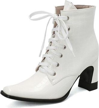 Generic Bottines tendance &agrave; lacets &agrave; bout carr&eacute; pour femme - Talon bloc - Doublure en fausse fourrure - Confortables - Chaussures dhiver d&eacute;contract&eacute;es, blanc,