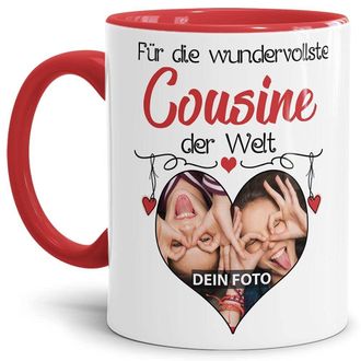 Tassendruck Tasse mit Spruch - Wundervollste Cousine der Welt - personalisiert mit Wunschfoto - Geschenkidee f&uuml;r die Cousine - Innen & Henkel Rot, 300 ml