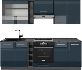 Vicco Küchenzeile Fame-Line, Dunkelblau Hochglanz/Anthrazit, 235 cm, AP Anthrazit