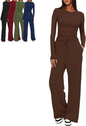 Generic Ensemble d&eacute;contract&eacute; pour femme T-shirt fronc&eacute; et pantalon &agrave; cordon de serrage, J, XXL