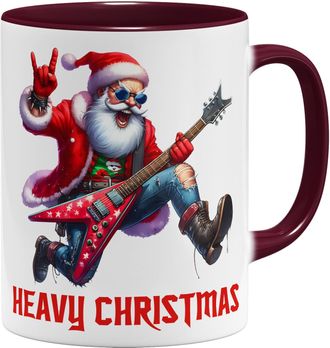 OM3 Heavy Christmas Kaffee-Tasse Lustige Weihnachtstasse f&uuml;r Rocker & Heavy Metal Fans - Santa und E-Gitarre - Keramik Becher - 325ml - Beidseitig Bedruck
