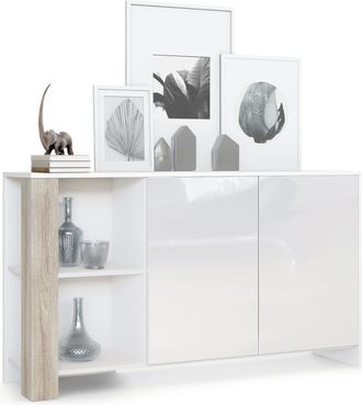 Vladon Sideboard Canto, Made in Germany, Lange Anrichte mit 2 Türen und 6 Fächern, Korpus Weiß matt, Fronten Weiß Hochglanz, Dekor-Paneele Eiche sägerau (143