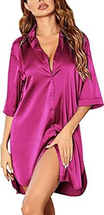 ORANDESIGNE Chemise de Nuit pour Femmes à Manches Courtes Chemise de Nuit Décontractée Boutonnée Chemise de Nuit Courte en Satin Manches 3/4 Col en V Profond Robe