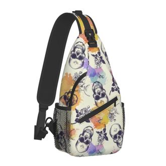 AOOEDM Sling-Rucksack für Damen und Herren, Reisen, Wandern, Daypack, nahtloses Muster mit Totenköpfen und Rosenblumen, Crossbody-Schultertasche, lässige Sli