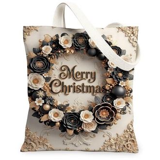 Generic Sacs fourre-tout en toile à motif floral de Noël, sacs réutilisables, légers et lavables en toile pour les voyages, noir, 13x15 Inch