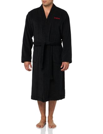 HUGO BOSS Herren Langer Frottee-Bademantel mit gesticktem Logo, Stormy Black, Large