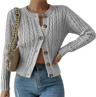 Generic Cardigan en tricot torsad&eacute; &agrave; manches longues pour femme - Cardigan d&eacute;contract&eacute; ouvert sur le devant, gris, XL