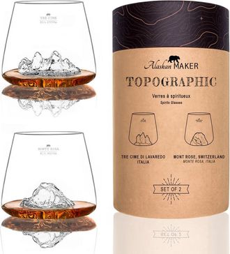 Alaskan Maker Whiskygl&auml;ser 350ml (2er-Set) - Hochwertiges Borosilikatglas, handgeblasen mit erhabenen Bergen | Tulpenform | Spirituosen TOPOGRAPHIC (Tre Cime & Mont