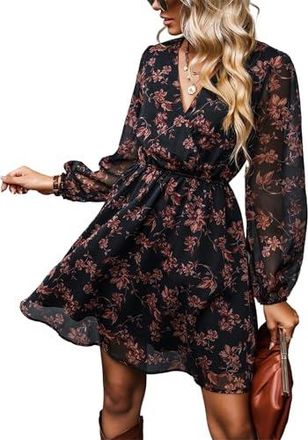 Generic Mini robe fluide en mousseline de soie à motif floral à manches longues et col en V pour femme, robe trapèze coupe bohème, Noir, L