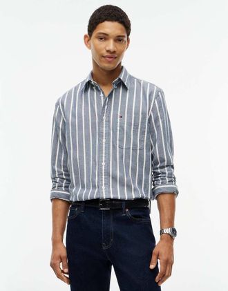 Tommy Hilfiger Hemd in Multi-Grau mit Regular Fit und geb&uuml;rstetem Flanell mit Streifen-Blau