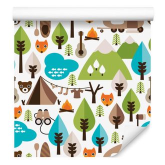 OEM Carta Da Parati Con Alberi, Montagne Verdi E Volpi Per Soggiorno E Camera Da Letto, 50x1000 Cm