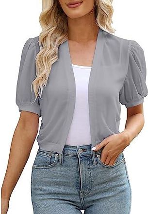 Generic Hanraz Bol&eacute;ro pour femme - &Eacute;l&eacute;gant - Pour l&eacute;t&eacute; - En mousseline de soie - Manches 3/4 - Doux - Cardigan - Shrug - Veste de mari&eacute;e l&eacute;g&egrave;re, gris, M