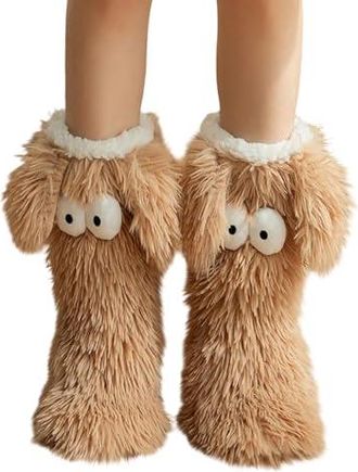 Generic Jolies chaussettes en peluche pour adultes, adolescents et enfants, chiots &agrave; gros yeux, chaussures de sol chaudes pour lhiver pour la maison, chausset