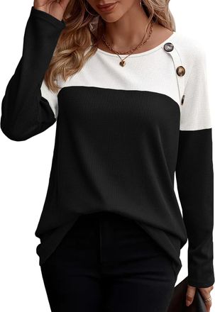 Zeagoo Langarmshirt Damen Tshirt Casual Rundhals Farbblock Shirts Herbst Langarm Kn&ouml;pfe Oberteile Leichte Strick Elegant Sweatshirt Schwarz XXL