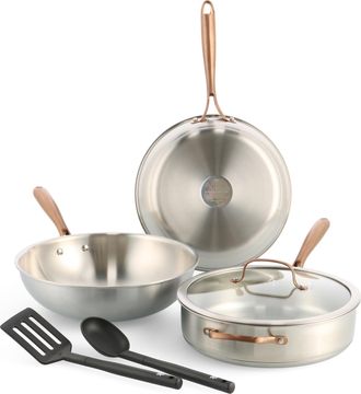 BK Rose Edelstahl-Kochgeschirrset, 6-teilig, Bratpfanne, Wok, Schmorpfanne, Utensilien, Roségold-Griff, 3-Ply, Induktion, Unbeschichtet, Backofenfest bis