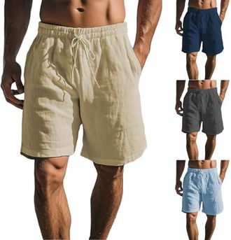 Generic Short en coton et lin pour homme - Petit bermuda d&eacute;contract&eacute; pour homme - Couleur unie - Pantalon classique de 12,7 cm avec poches - Coupe ample - Res