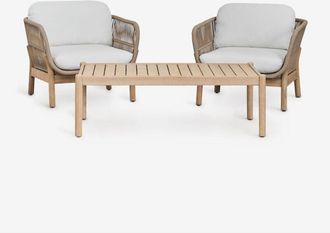 Sklum Gartenset mit 2 Sesseln und Couchtisch aus Akazienholz und geflochtenem Karvia-Seil Helles Akazienbraun