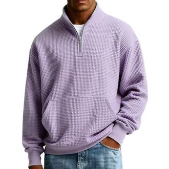 Generic Sweat-shirt gaufr&eacute; &agrave; manches longues avec fermeture &eacute;clair 1/4 pour homme, pull gaufr&eacute; d&eacute;contract&eacute; &agrave; manches longues avec poche, violet clair, XXL