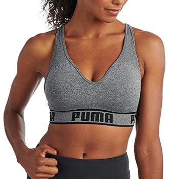 Puma Damen Nahtloser Sport-BH, Undurchsichtige, Grau/Schwarz, X-Large