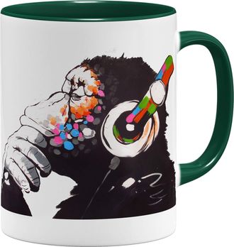 OM3 Monkey Ape Affee Music Banksy Tasse - Keramik Becher - 11oz 325ml - Beidseitig Bedruckt - Grün