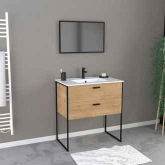 Aurlane Ensemble meuble de salle de bain 80x45cm style industriel couleur chene naturel - vasque blanche