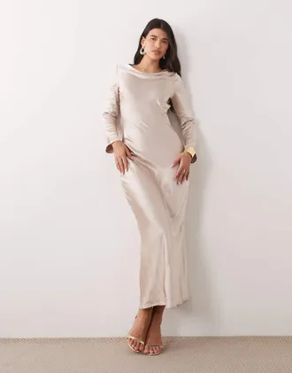 Tfnc robe longue maxi &eacute;vas&eacute;e en satin &agrave; manches longues couleur or doux-Dor&eacute;