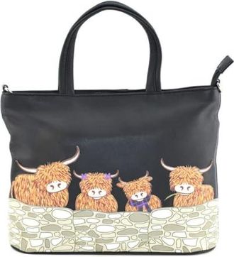 Mala Leather Bella Highland Cow Family Sac à main en cuir souple véritable avec bandoulière amovible Motif vache Highland 29,5 x 23 x 8 cm Gris noir ou bleu sarcel