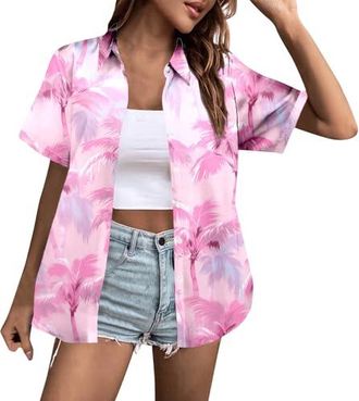 Generic Chemise tropicale hawa&iuml;enne pour femme - Chemise d&eacute;t&eacute; d&eacute;contract&eacute;e &agrave; manches courtes boutonn&eacute;es - Chemises de croisi&egrave;re tendance - Graphique amusant -