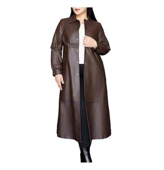 Generic Veste en cuir v&eacute;ritable pour femme - Manteau long en peau de mouton &agrave; revers simple boutonnage marron, EN8, XL