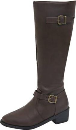 Minetom Bottes au Genou Femme PU Cuir Boots Talon Bloc Boots Élégant Automne Hiver Chaussures Fermeture Éclair Bottes Longues A Café 41 EU