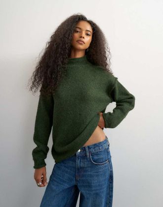 Topshop pull long longline &agrave; bords roul&eacute;s en maille &eacute;paisse avec laine, olive-Vert