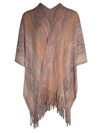ZLYC Femmes Hiver Ouvert Cape Chaud Poncho Garniture &agrave; Franges(Space Dyeing Kaki),Taille Unique
