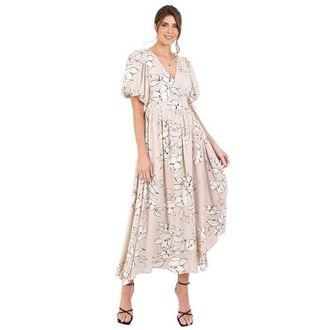 Lovedrobe Womens Ladies Maxi Dress Short Puff Sleeves V-Neckline Wrap Waist Tie A-Line Evening Occasion Floral Print Summer, Robe