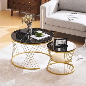 Merax BTM Table Basse encastrée Moderne, Ensemble de Table Basse Haute Brillance, encastrée côté canapé en placage de marbre Ronde, Set de 2, Cadre doré