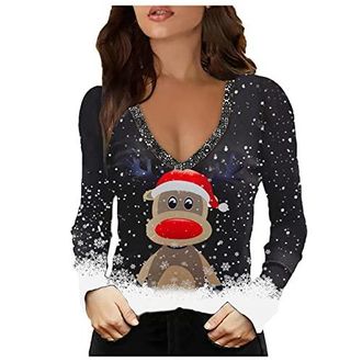 Generic Chemisier d&eacute;contract&eacute; pour femme avec col en V et manches longues imprim&eacute; de No&euml;l, Noir, 3XL